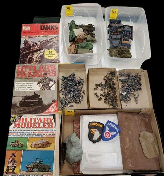 Group of model army tanks... Trucks... Army men... Airborne patches and ...