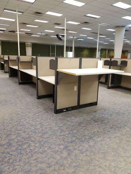 Dual call center stations with metal tray and storage box. Mixed ...