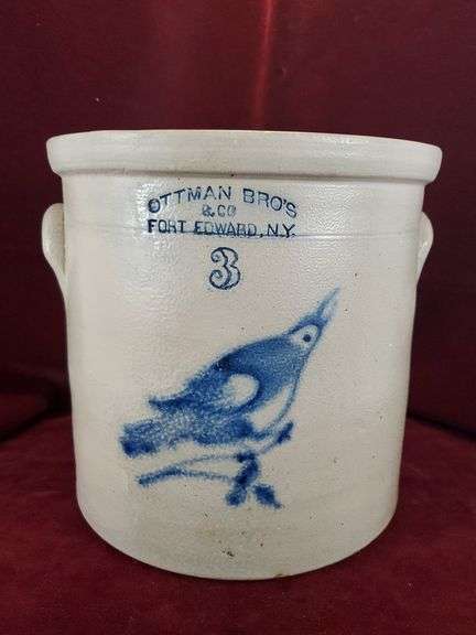 Ottman Bros cobalt decorated stoneware crock, Fort Edward NY. 3 gallon ...
