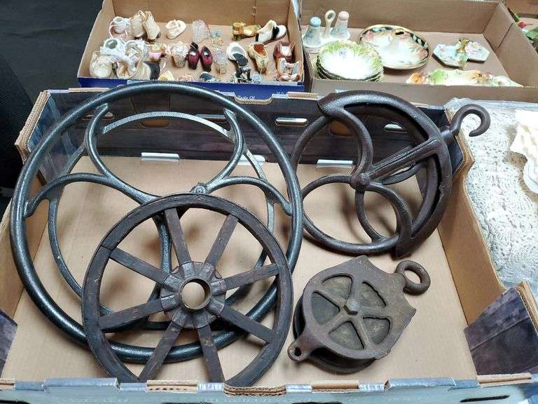Antique farm well and rope pulleys, wagon wheel, large pulley - Bid ...