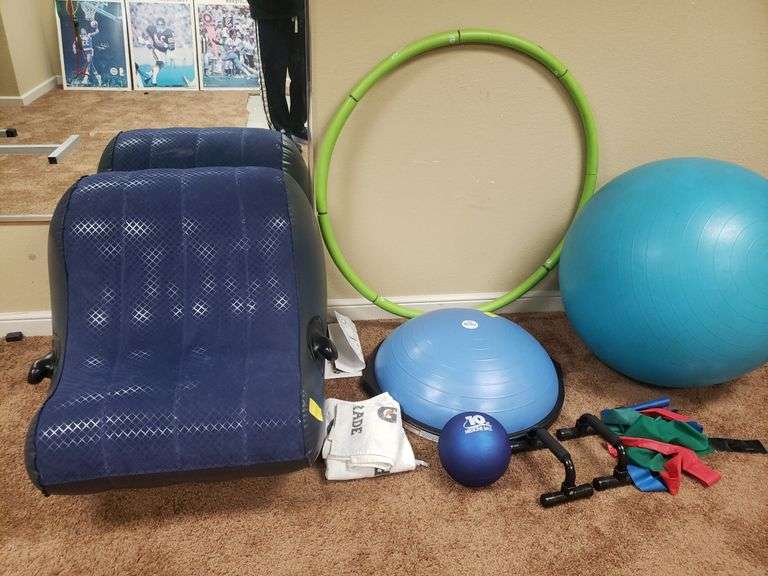 Exercise group including exercise ball, 10 lb medicine ball, push up ...