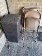 Group of three metal folding chairs and wicker style trash container ...