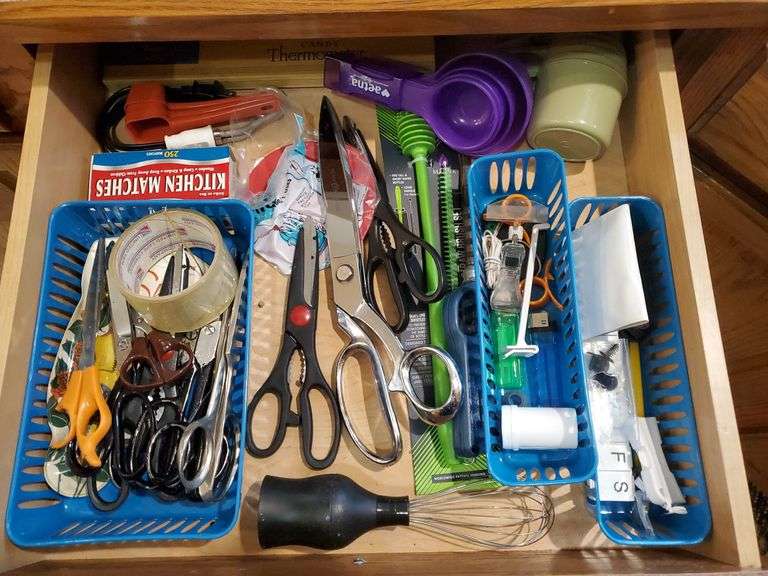 Kitchen drawer of scissors, shears including a large pair of No. 3312 ...