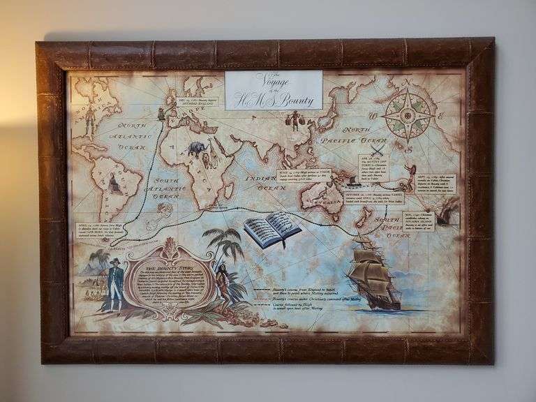 "The Voyage of the HMS Bounty" Framed map. 27x37 - Bid-Assets Online ...