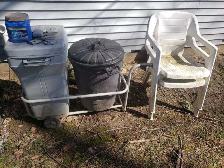Backyard. Trash cans with totes, pair stacking vinyl chairs - Bid ...