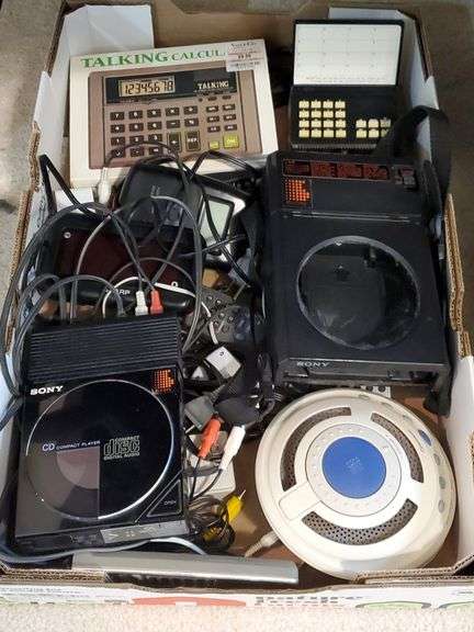 Box of electronics including classic Sony compact disc player with ...