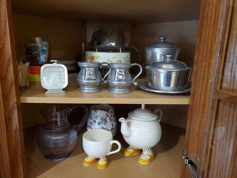 2 shelves of miscellaneous kitchenware including Wilton pewter products ...
