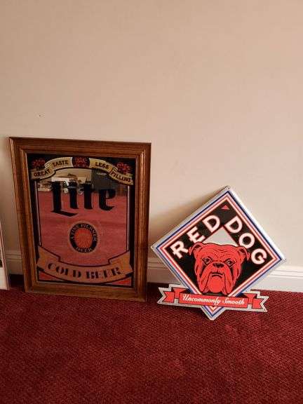 Miller Lite framed mirror, 29x23 & tin Red Dog beer sign - Bid-Assets ...