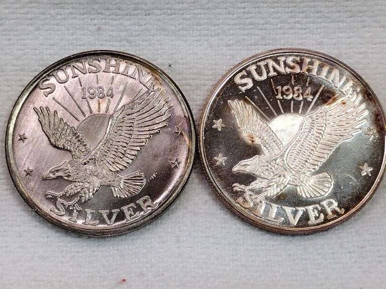 (2) 1 One Troy Oz. .999 Fine Silver "1984 Sunshine Mining" Coins/Medals ...