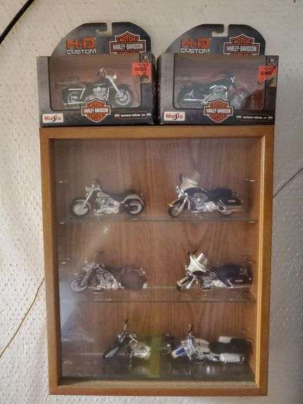 Harley Davidson scale motorcycles in wood display case - Bid-Assets ...