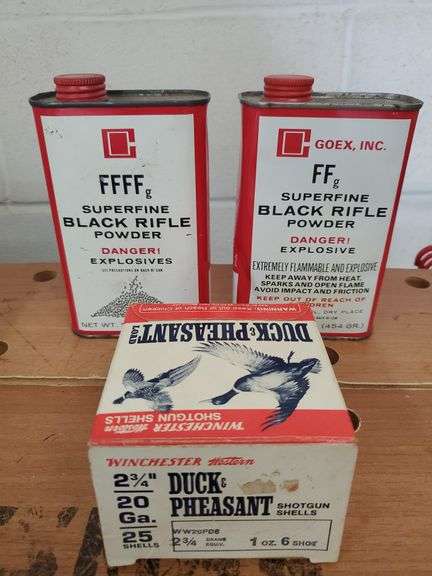 Two half full FFg & FFFFg black rifle powder, twelve 20 gauge shotgun ...
