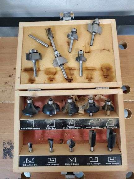 Craftsman router bits in wooden chest, sizes include 1/2" corner ...