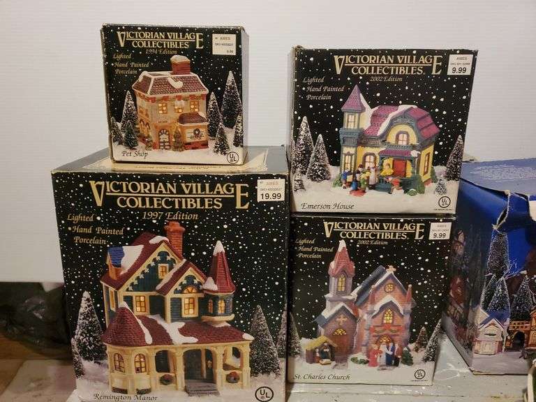 Group Victorian lighted and hand painted porcelain village series ...