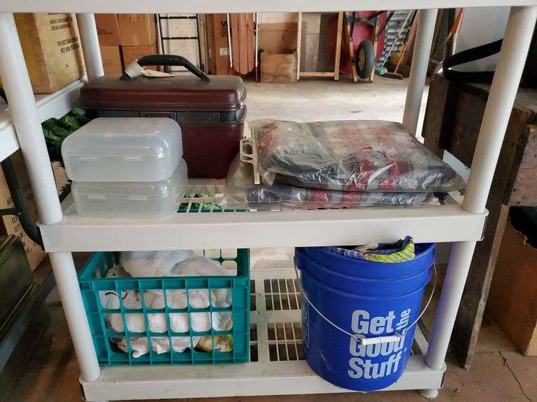 Two striped throws, Samsonite bag, plastic storage containers, shop ...