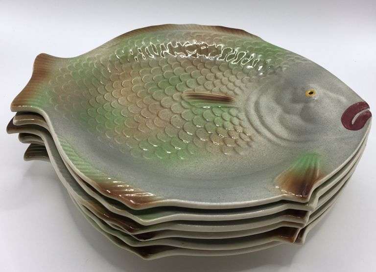 Ten (10) 1930s Shorter & Son Staffordshire Majolica Pottery Fish Plates ...