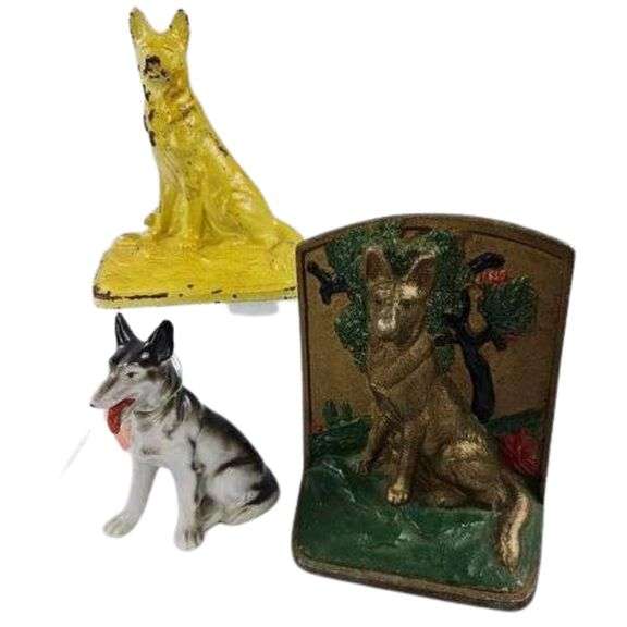 2 Cast Iron German Shepherd Bookends Yellow Handpainted & Ceramic Japan ...