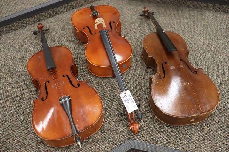 All to go - 3 cellos - as is condition - showing damage - Backes ...