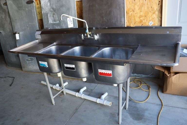 90" stainless 3 bin sink with double drain boards & 16" x 20" bins ...