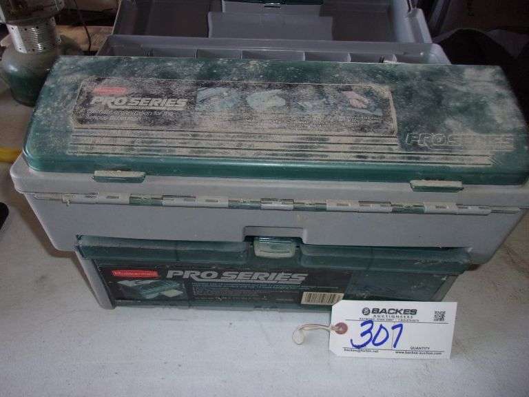 Tackle box, sinkers, filet knife and bait - Backes Commercial Auctioneers