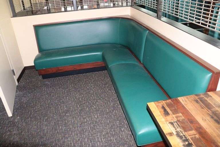 72" x 100" L shaped green vinyl wall seating with wood accents ...