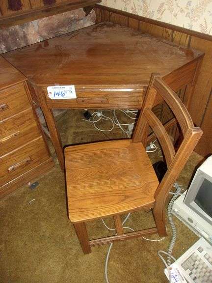 Ranch Oak 33" square corner desk with chair - Backes Commercial Auctioneers