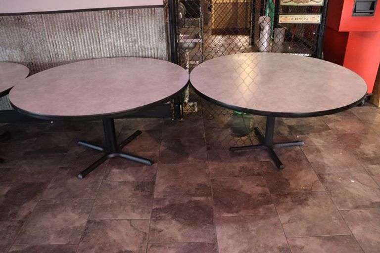 Times 2 - 60" round grey laminate top dining tables with dura edge ...