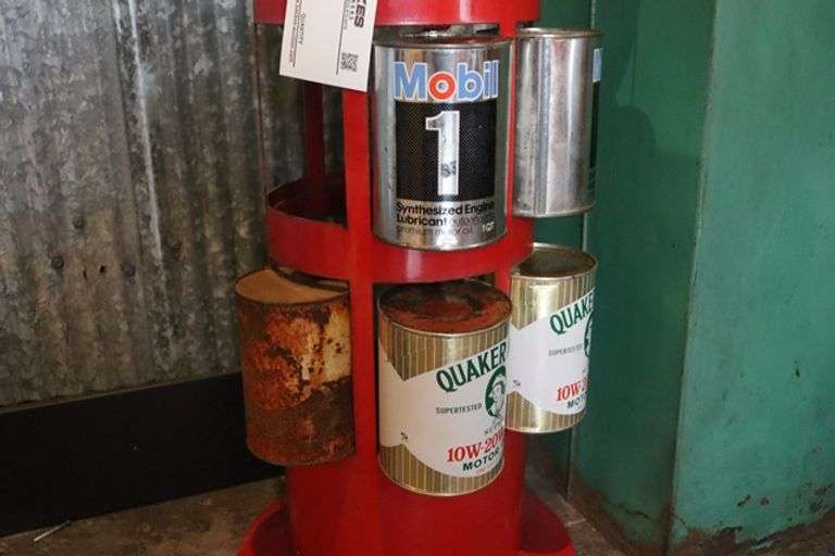 9" round x 30" tall vintage oil can display - with some oil cans ...
