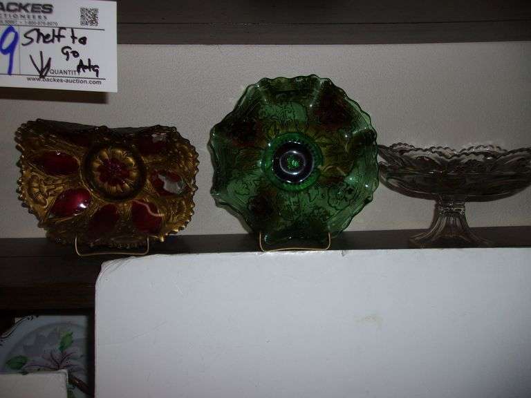 All to go Shelf of Goofus Glassware - Backes Commercial Auctioneers