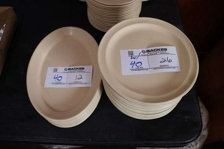 All to go - Tan melamine platters & plates - Backes Commercial Auctioneers