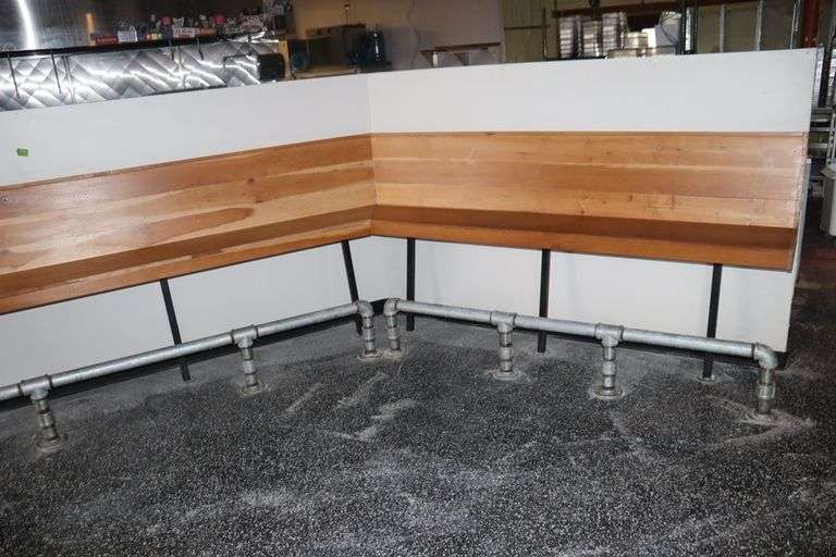 92" x 148" L shaped cherry wood planked wall seating - metal base ...