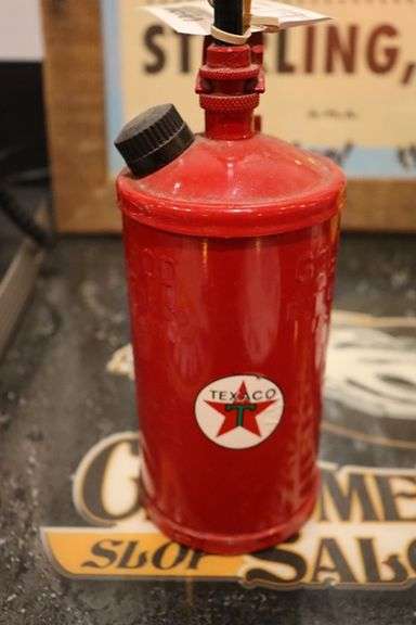 Texaco long snout Golden Rod oil can - neat - Backes Commercial Auctioneers