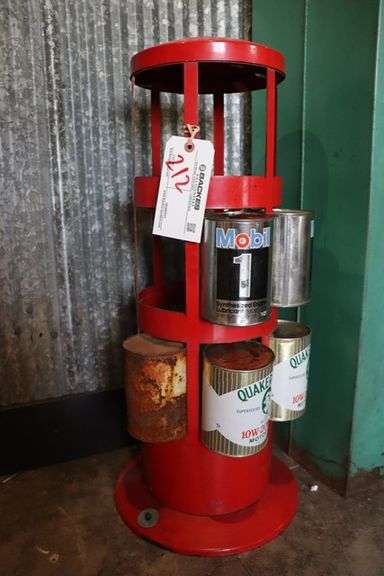 9" round x 30" tall vintage oil can display - with some oil cans ...
