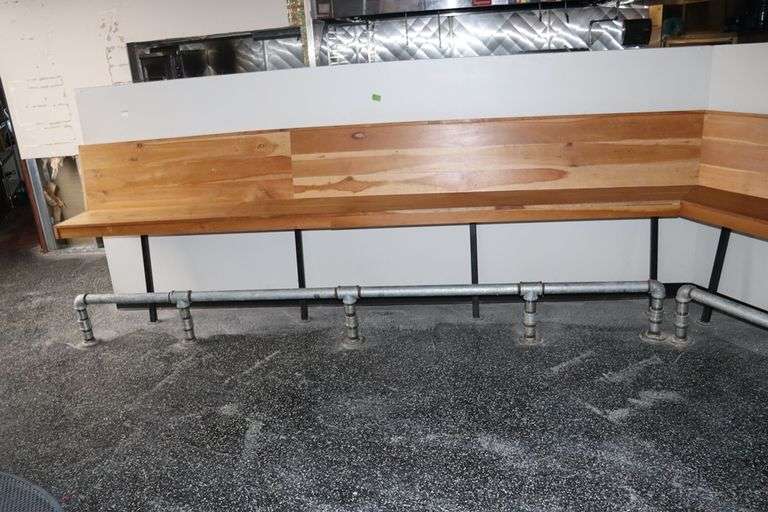 92" x 148" L shaped cherry wood planked wall seating - metal base ...