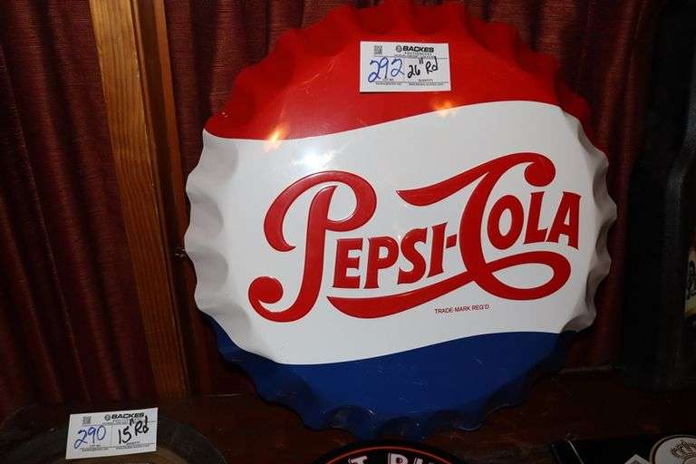 26" Round Pepsi-Cola metal wall sign - Backes Commercial Auctioneers