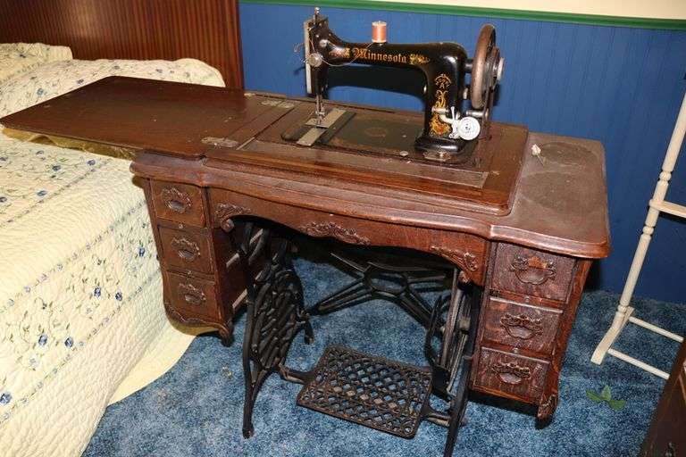 34" cast framed treadle sewing cabinet with Minnesota Model A sewing ...
