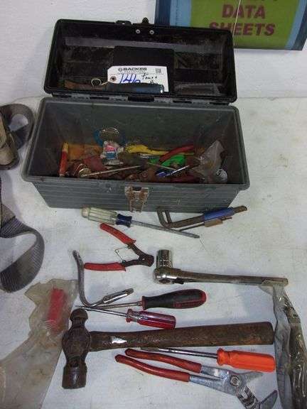 Poly tool box with various tools - Backes Commercial Auctioneers