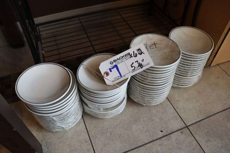 Times 62 - 5-3/4" Black rim white plates - Backes Commercial Auctioneers