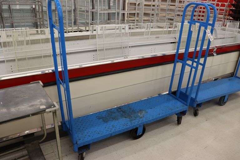16" x 60" blue metal U boat stocking cart - Backes Commercial Auctioneers