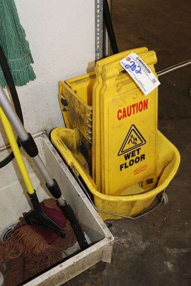 Mop bucket with mops & caution signs - Backes Commercial Auctioneers