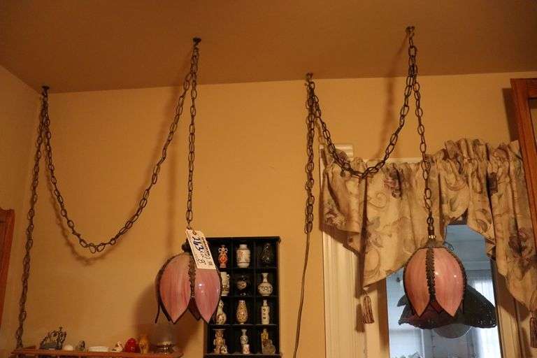 Pair to go - 8" round leaded glass chain link hanging lights - Backes ...