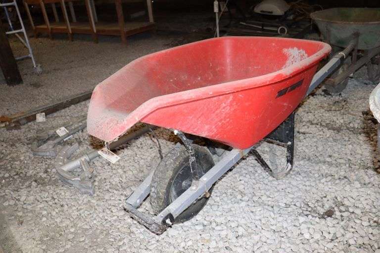 True Temper poly wheel barrel - flat tire - Backes Commercial Auctioneers