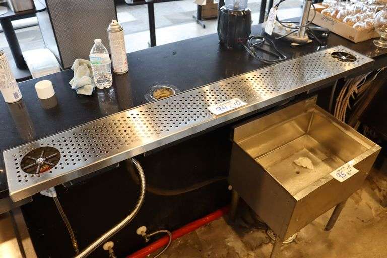8" x 62" Stainless bar top drain rail with 2 glass rinses - buyer to ...