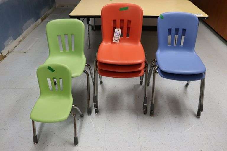 Times 6 - Virco M-N918 stacking school chairs - 2) blue 3) red 1) green ...