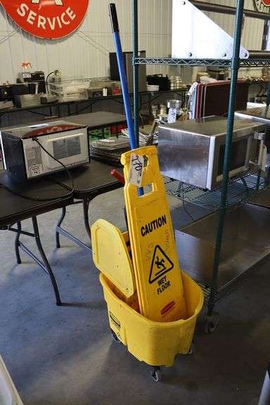 Yellow mop bucket with mop & caution wet floor sign - Backes Commercial ...