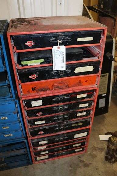 Stack of 3 - 4 drawer inventory cabinet w/ assorted inventory - Backes ...