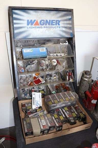 Wagner light bulb cabinet w/ assorted bulbs - Backes Commercial Auctioneers