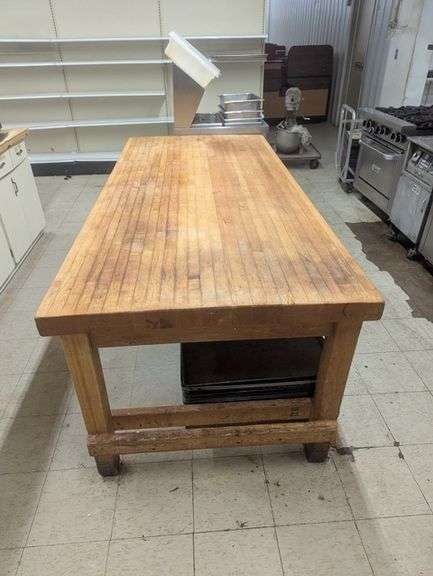42" x 96" x 3" thick Maple bakers table - Backes Commercial Auctioneers