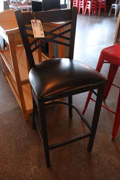 Metal framed with hatch style back bar chair with black padded seat ...