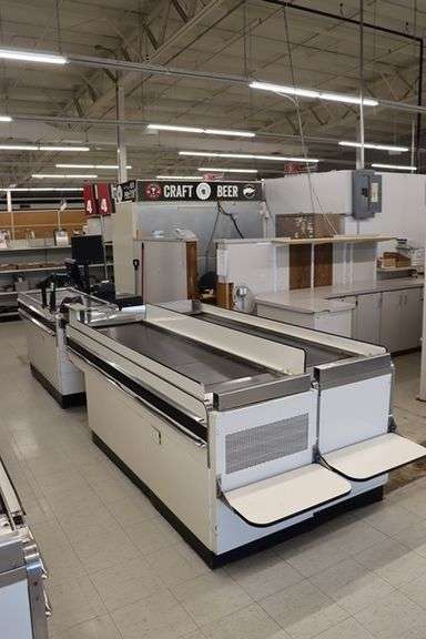 Set of 3 Burroughs 24" x 96" metal framed conveyor check out stations ...