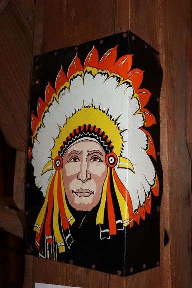 10" x 11" bent Indian metal wall sign - Backes Commercial Auctioneers